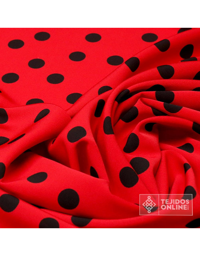 Crespón Rojo Lunar Negro Céntimo | Telas de Flamenca